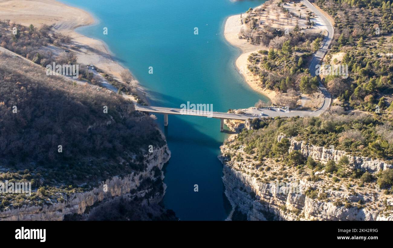 Aerial view of the Pont du Galetas at the limit of the Gorges du Verdon ...