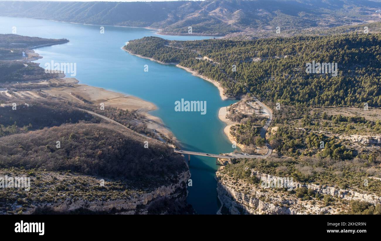 Aerial view of the Pont du Galetas at the limit of the Gorges du Verdon ...
