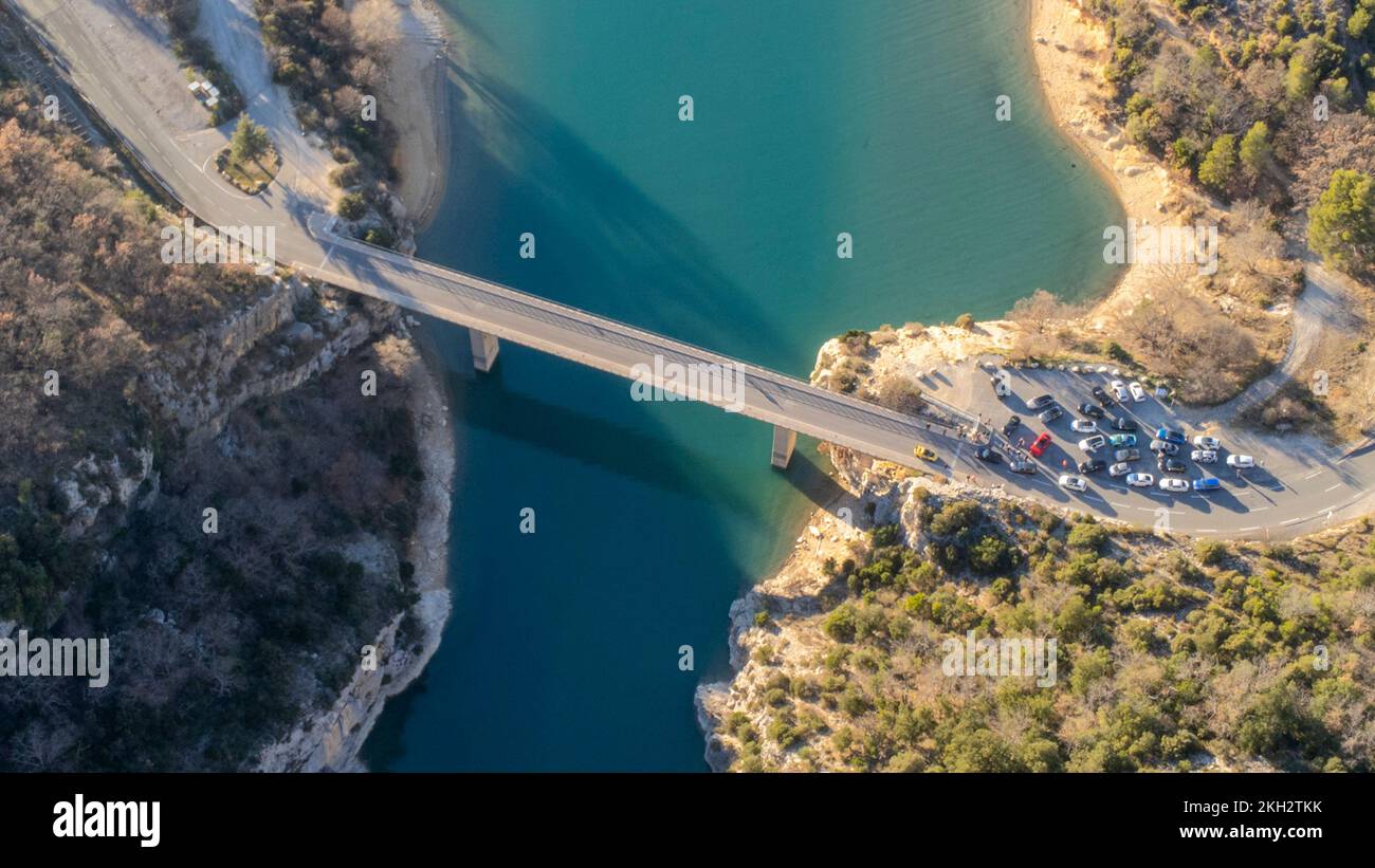 Aerial view of the Pont du Galetas at the limit of the Gorges du Verdon ...