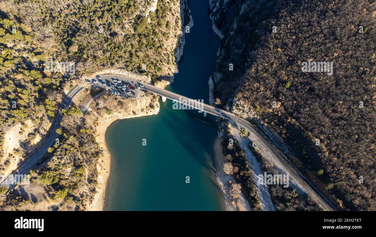 Aerial view of the Pont du Galetas at the limit of the Gorges du Verdon ...