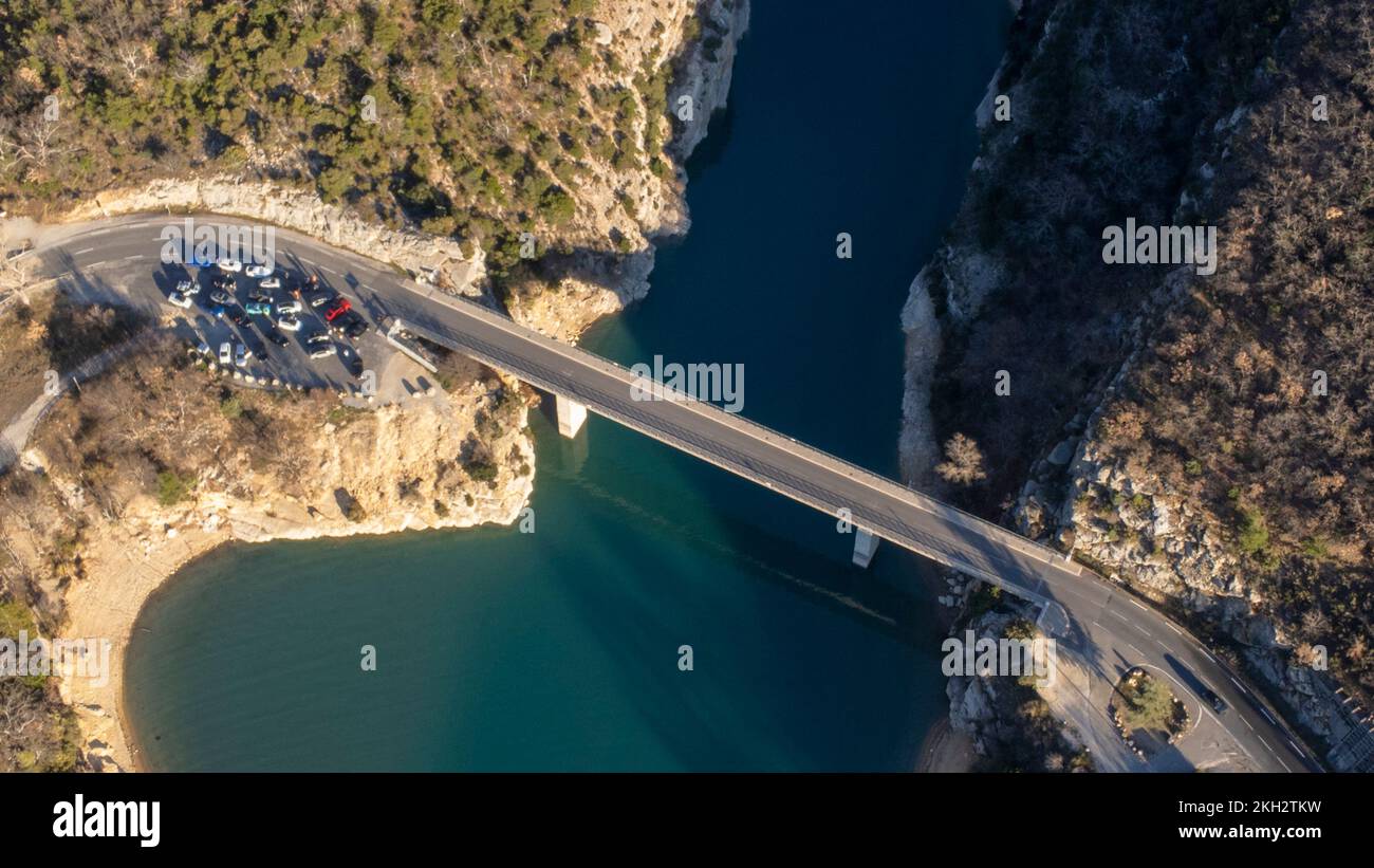 Aerial view of the Pont du Galetas at the limit of the Gorges du Verdon ...