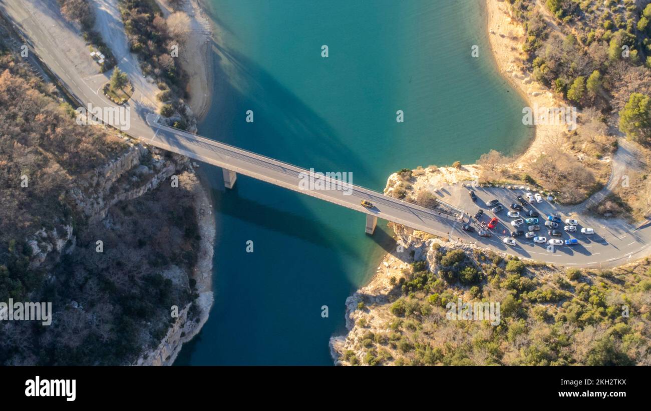 Aerial view of the Pont du Galetas at the limit of the Gorges du Verdon ...