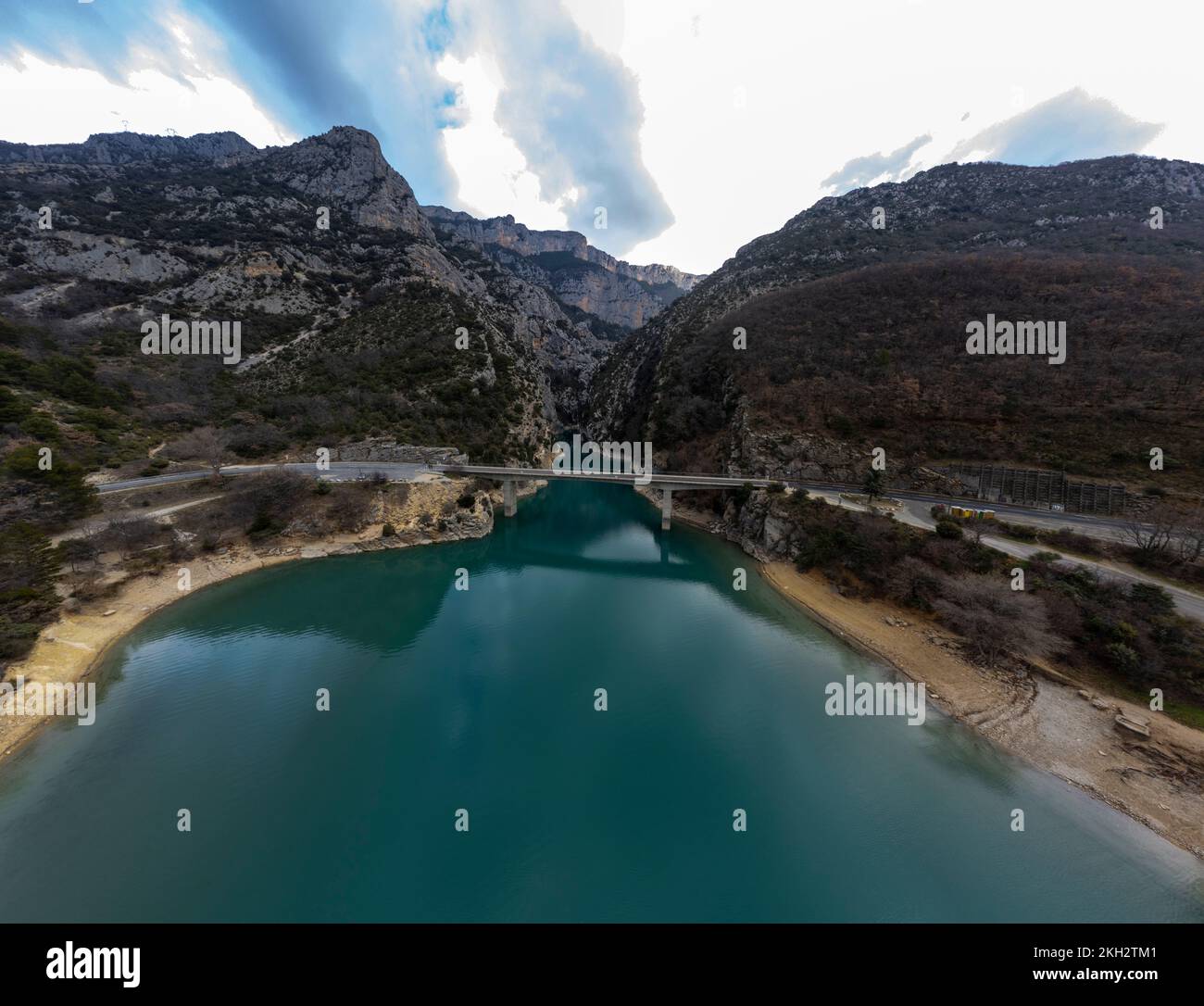 Aerial view of the Pont du Galetas at the limit of the Gorges du Verdon ...