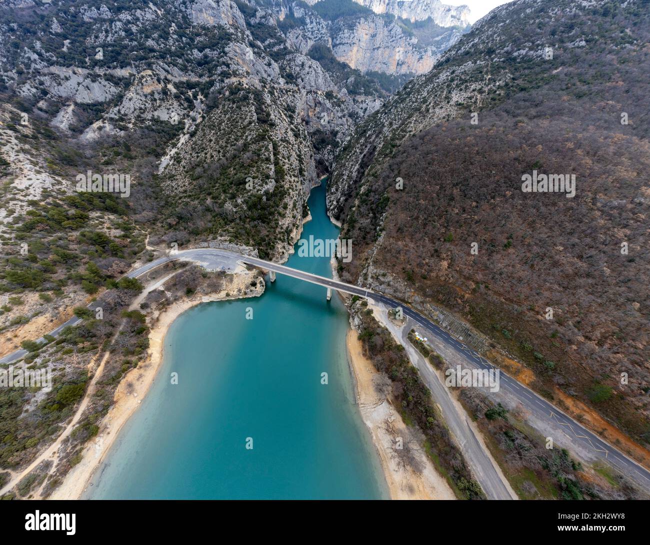 Aerial view of the Pont du Galetas at the limit of the Gorges du Verdon ...
