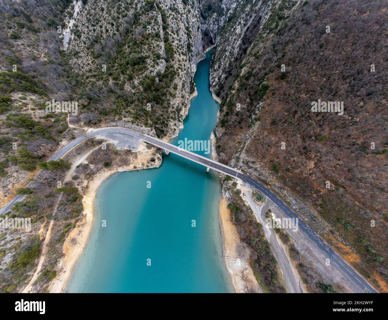 Aerial view of the Pont du Galetas at the limit of the Gorges du Verdon ...