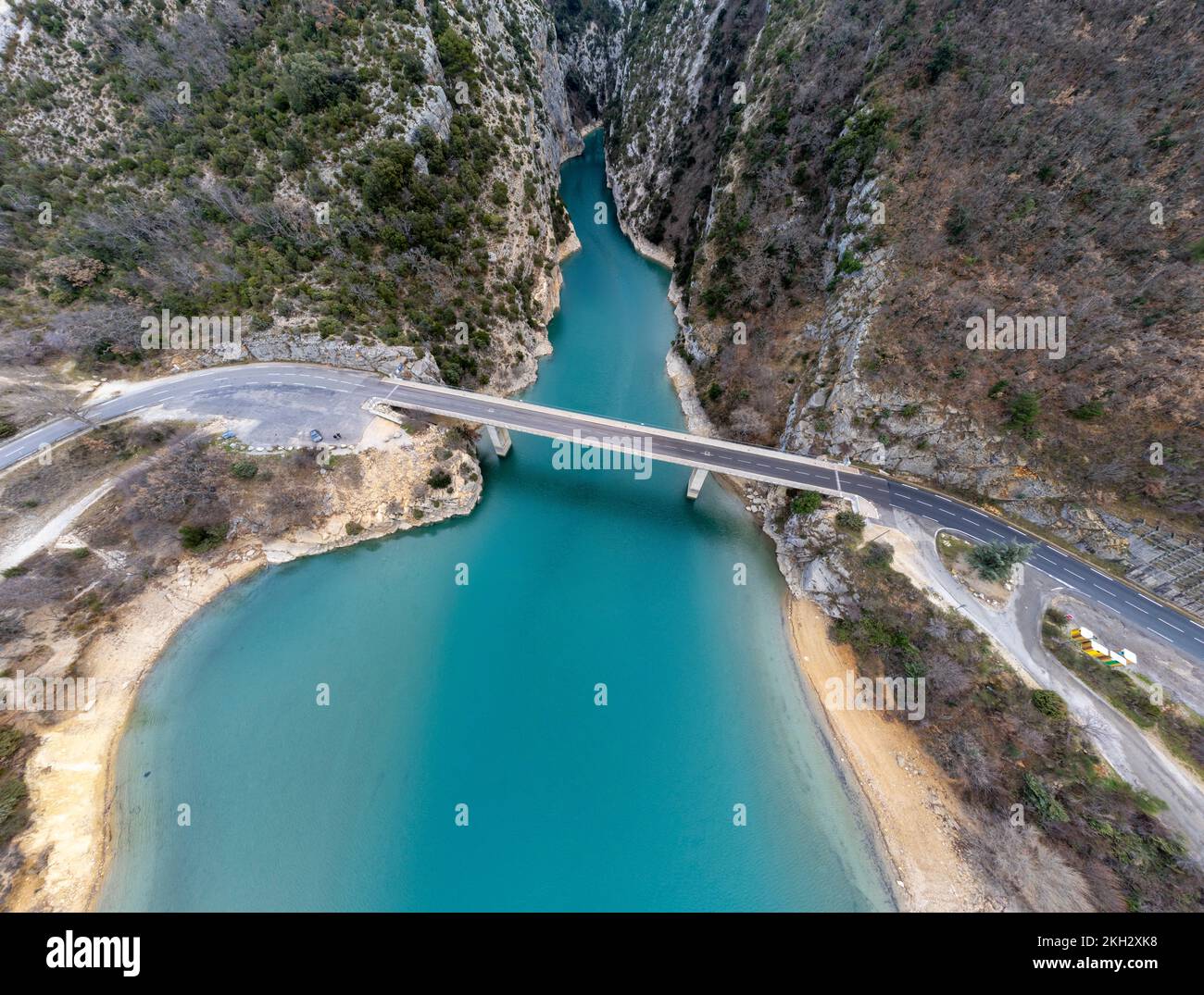 Aerial view of the Pont du Galetas at the limit of the Gorges du Verdon ...