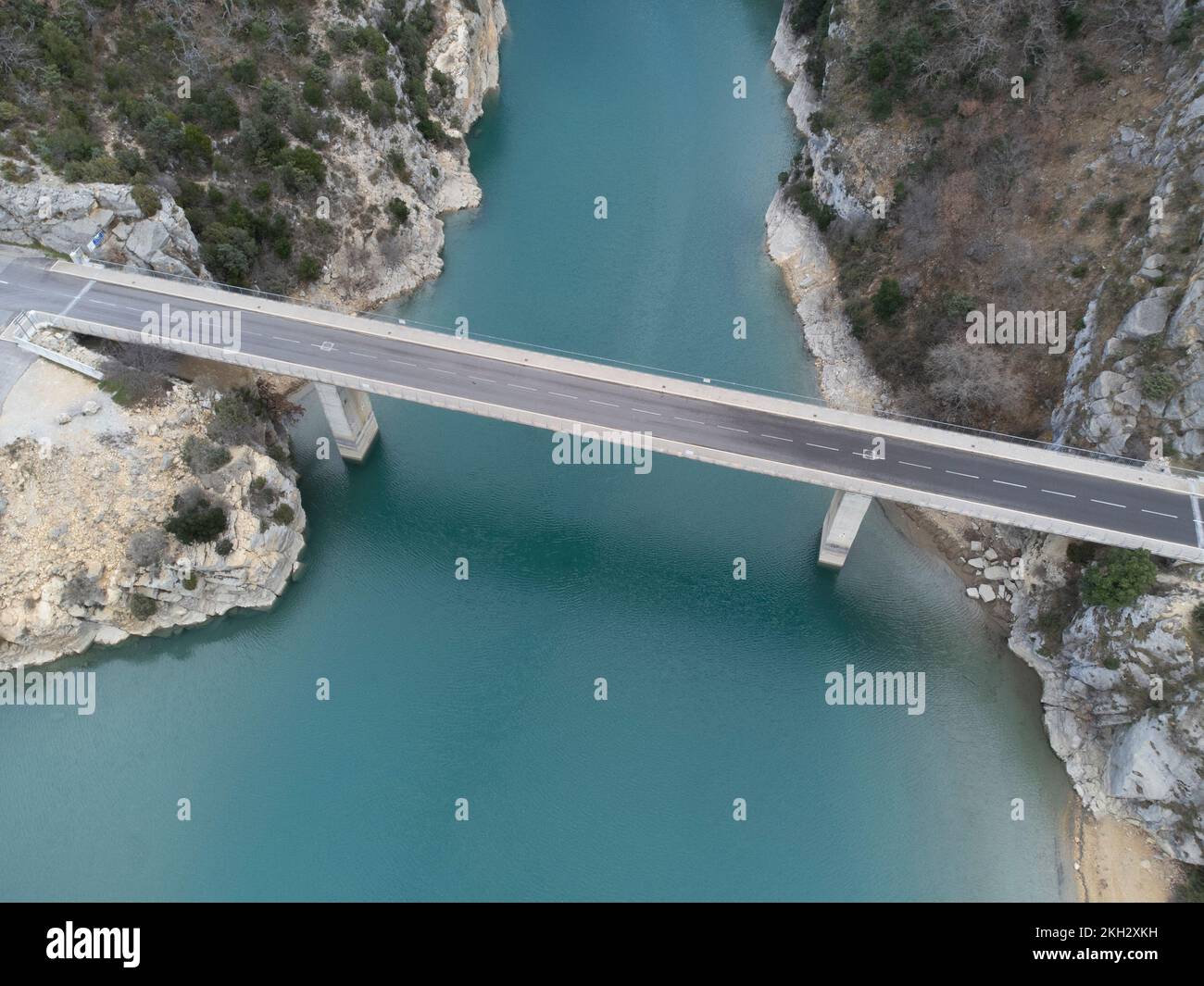 Aerial view of the Pont du Galetas at the limit of the Gorges du Verdon ...