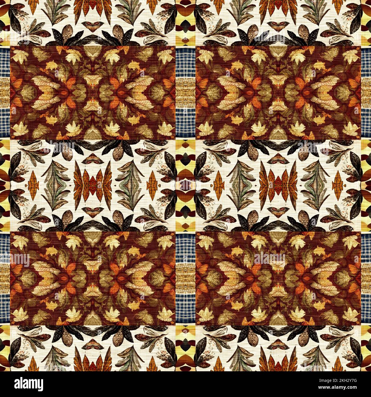 Autumn leaf quilt style vintage seamless pattern. Homely cottage core ...