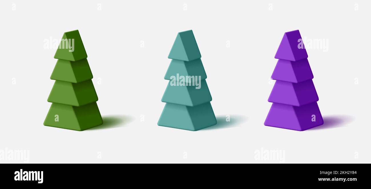 3d illustration of Christmas trees, set of volume cones stylized shapes ...