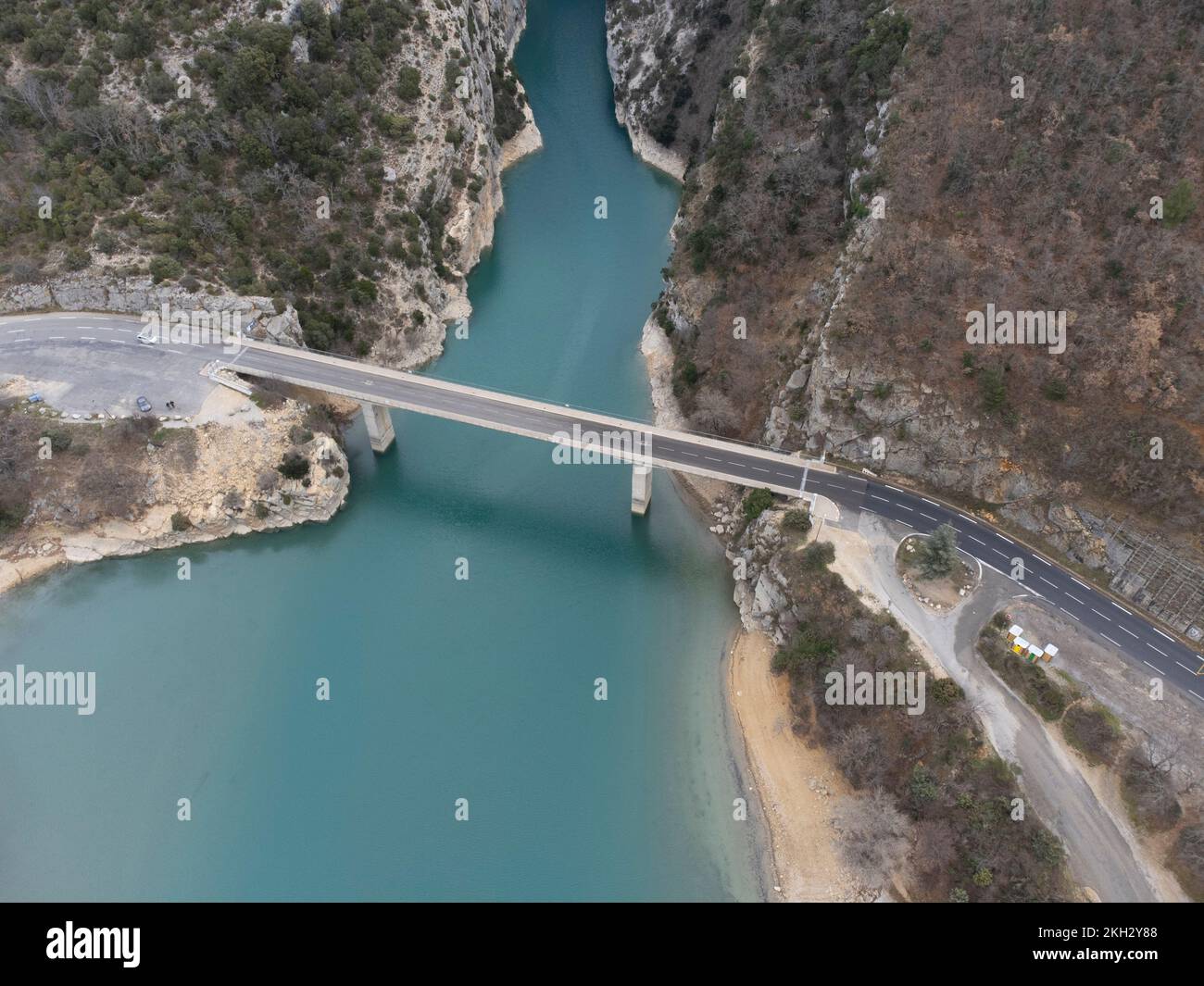 Aerial view of the Pont du Galetas at the limit of the Gorges du Verdon ...