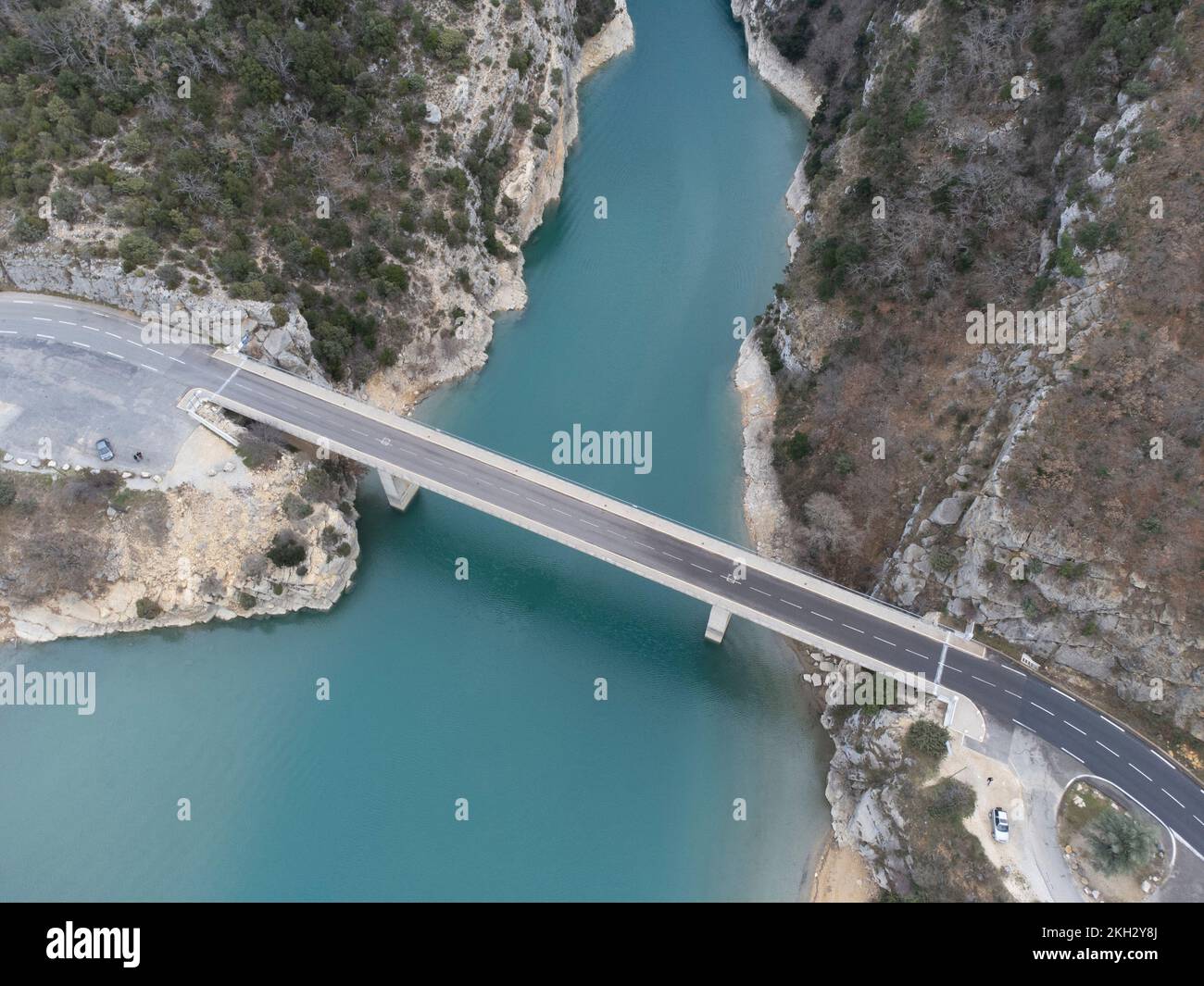 Aerial view of the Pont du Galetas at the limit of the Gorges du Verdon ...