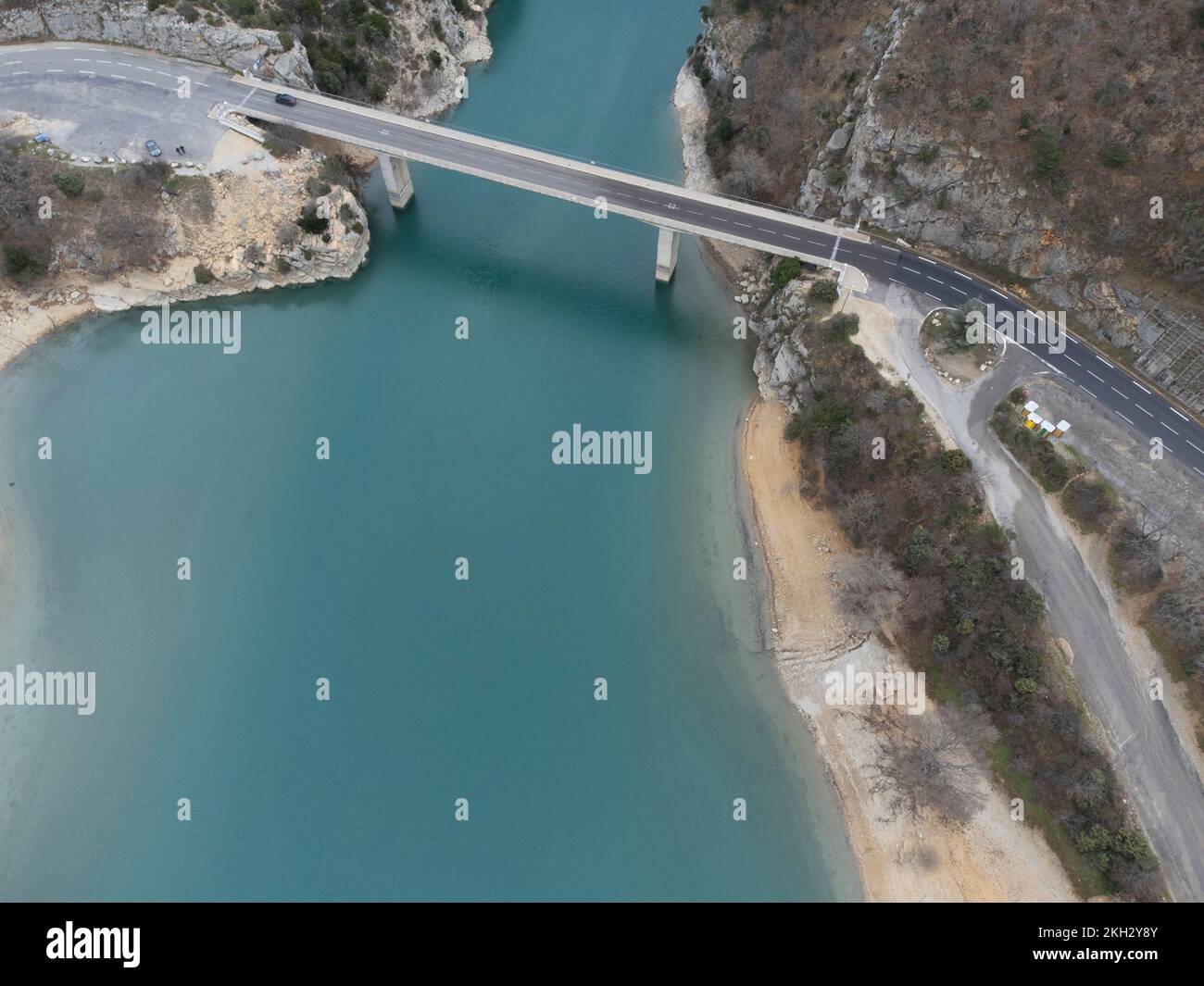 Aerial view of the Pont du Galetas at the limit of the Gorges du Verdon ...