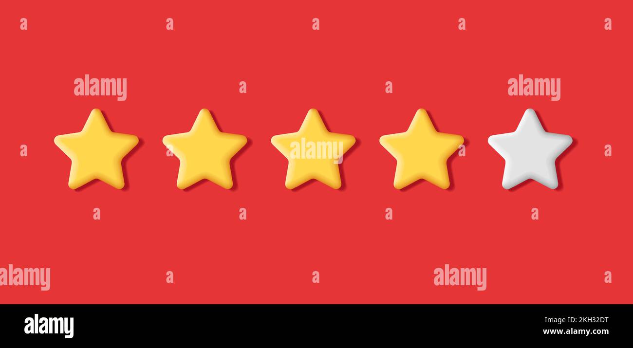 3d rating stars elements, four out of five golden stars on red backdrop ...