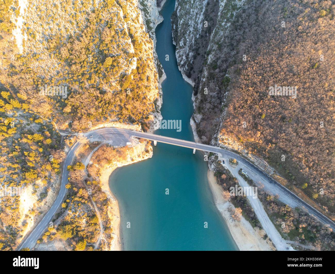Aerial view of the Pont du Galetas at the limit of the Gorges du Verdon ...