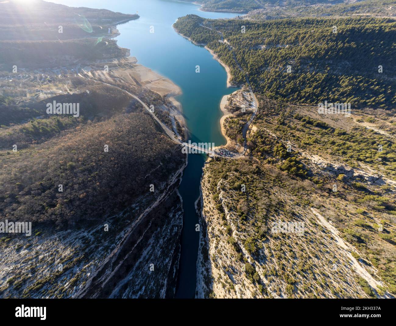 Aerial view of the Pont du Galetas at the limit of the Gorges du Verdon ...