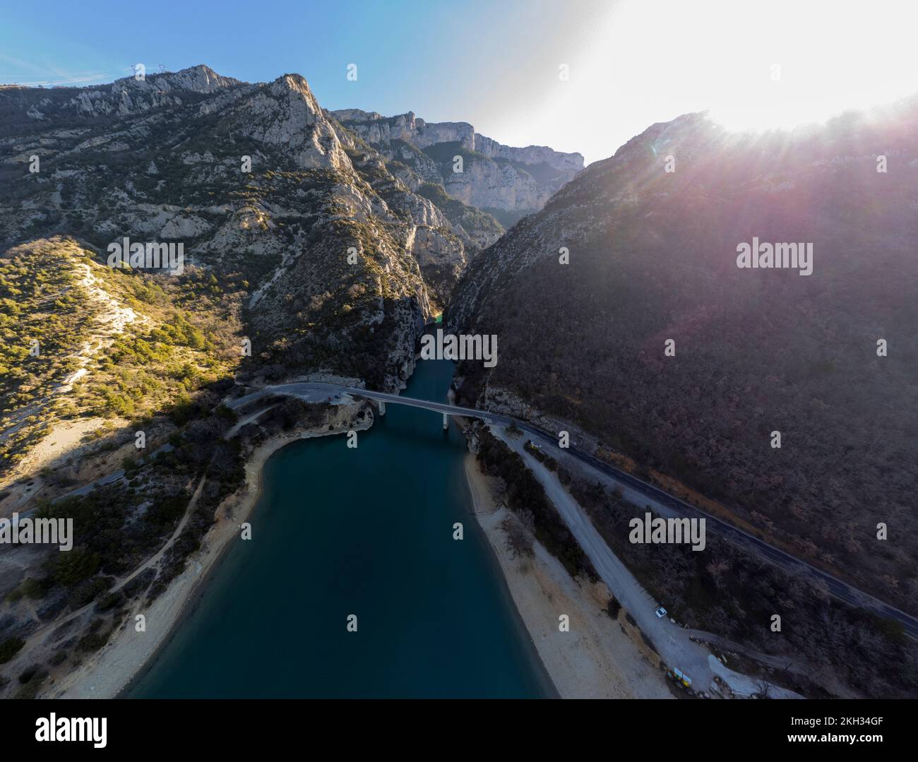 Aerial view of the Pont du Galetas at the limit of the Gorges du Verdon ...