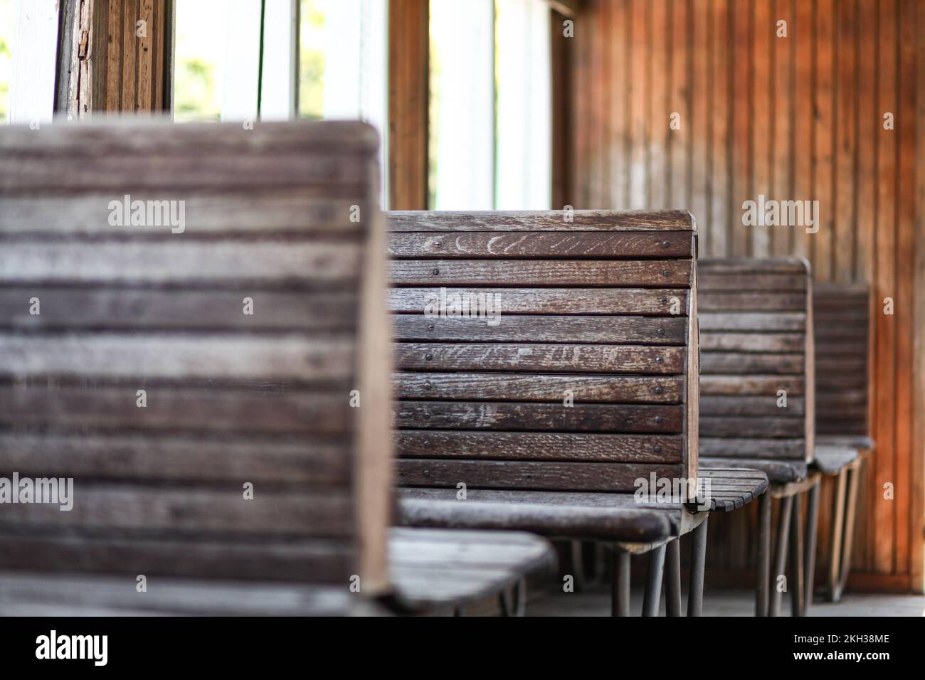 Interior of old train with wooden benches, train museum Stock Photo - Alamy