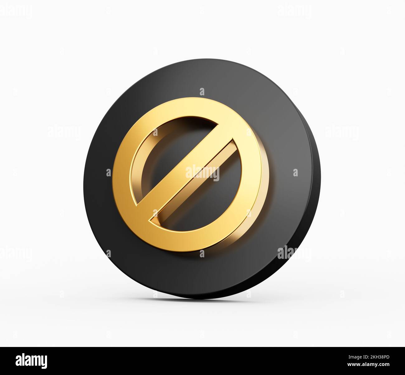 A 3D rendering of a gold banned icon button and no or wrong symbol ...