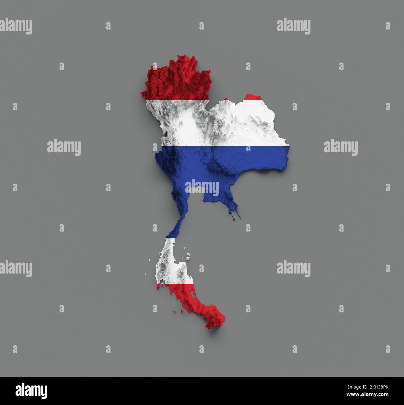 A 3D rendered map of Thailand with the colors of the French flag ...