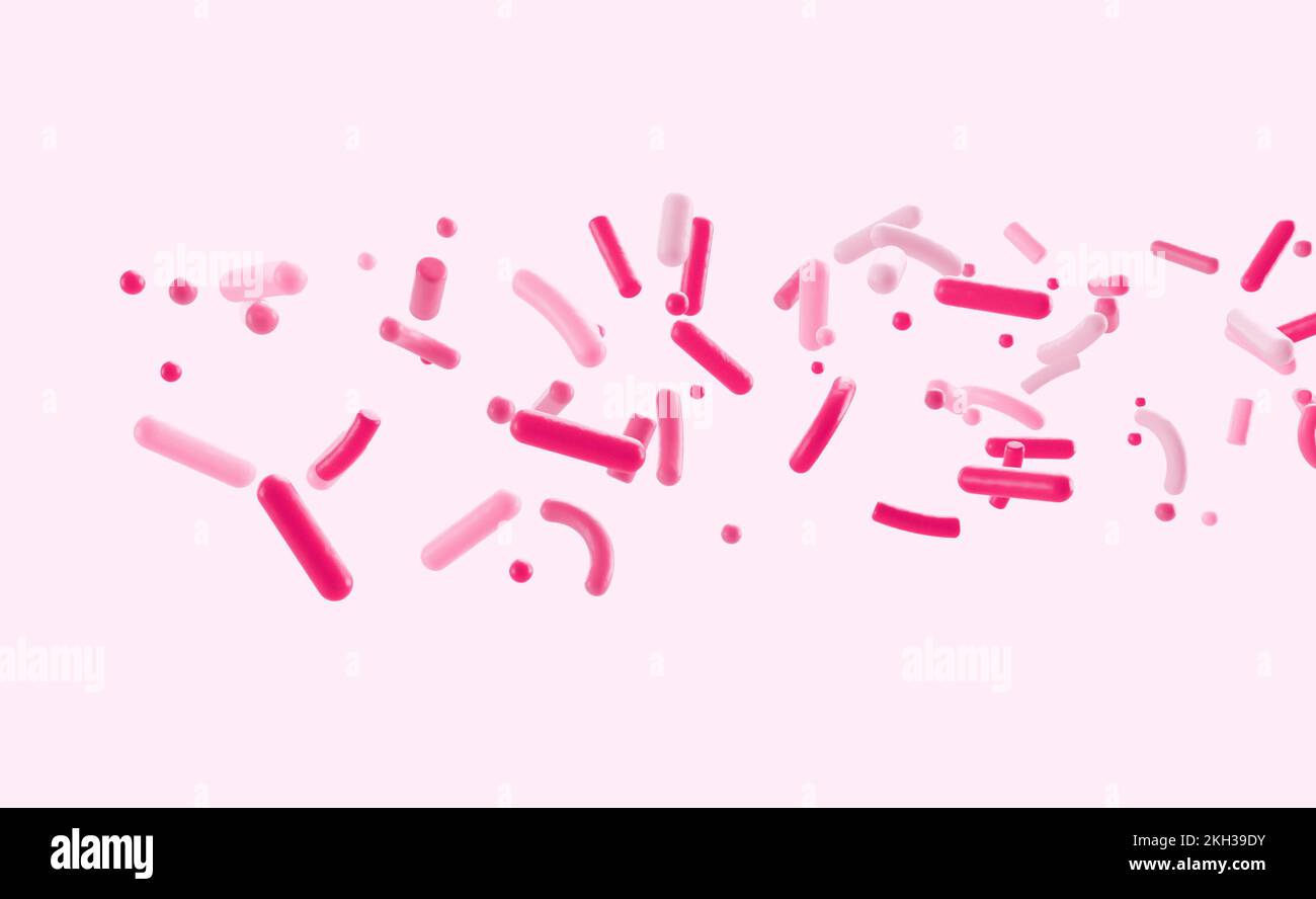 A 3D rendering of pink and white sprinkles floating on an isolated ...