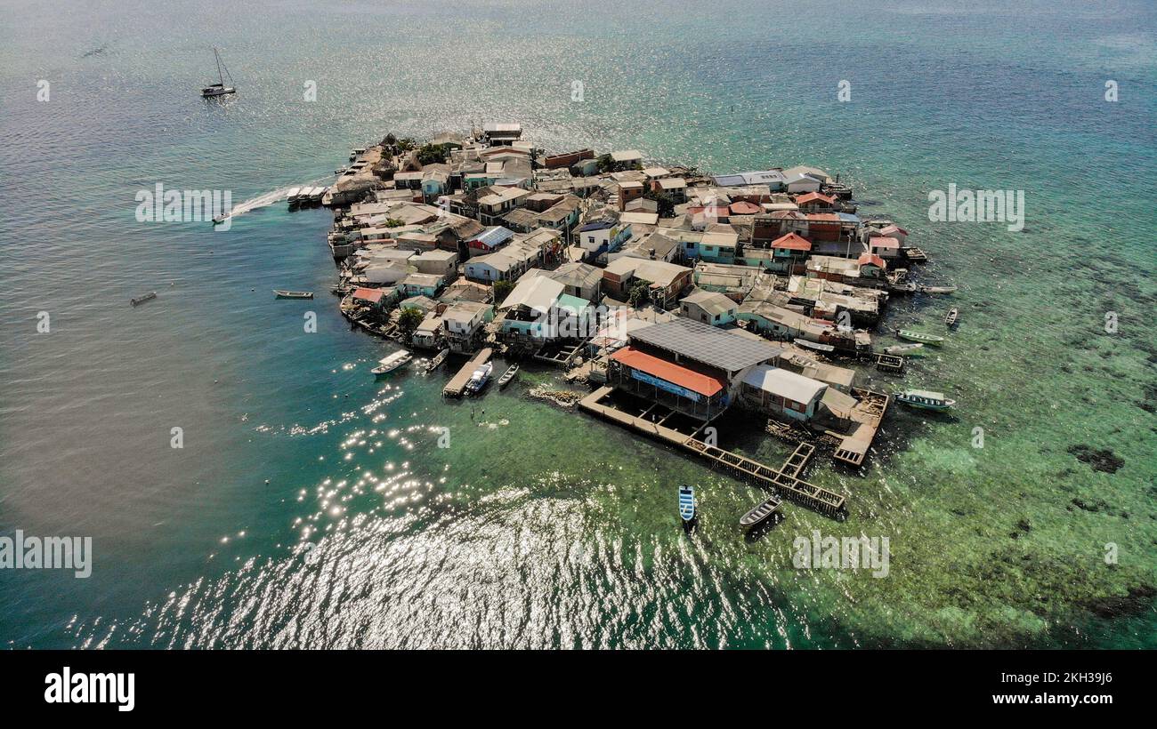 Aerial views of Santa Cruz del Islote. This artificial hand-made island ...