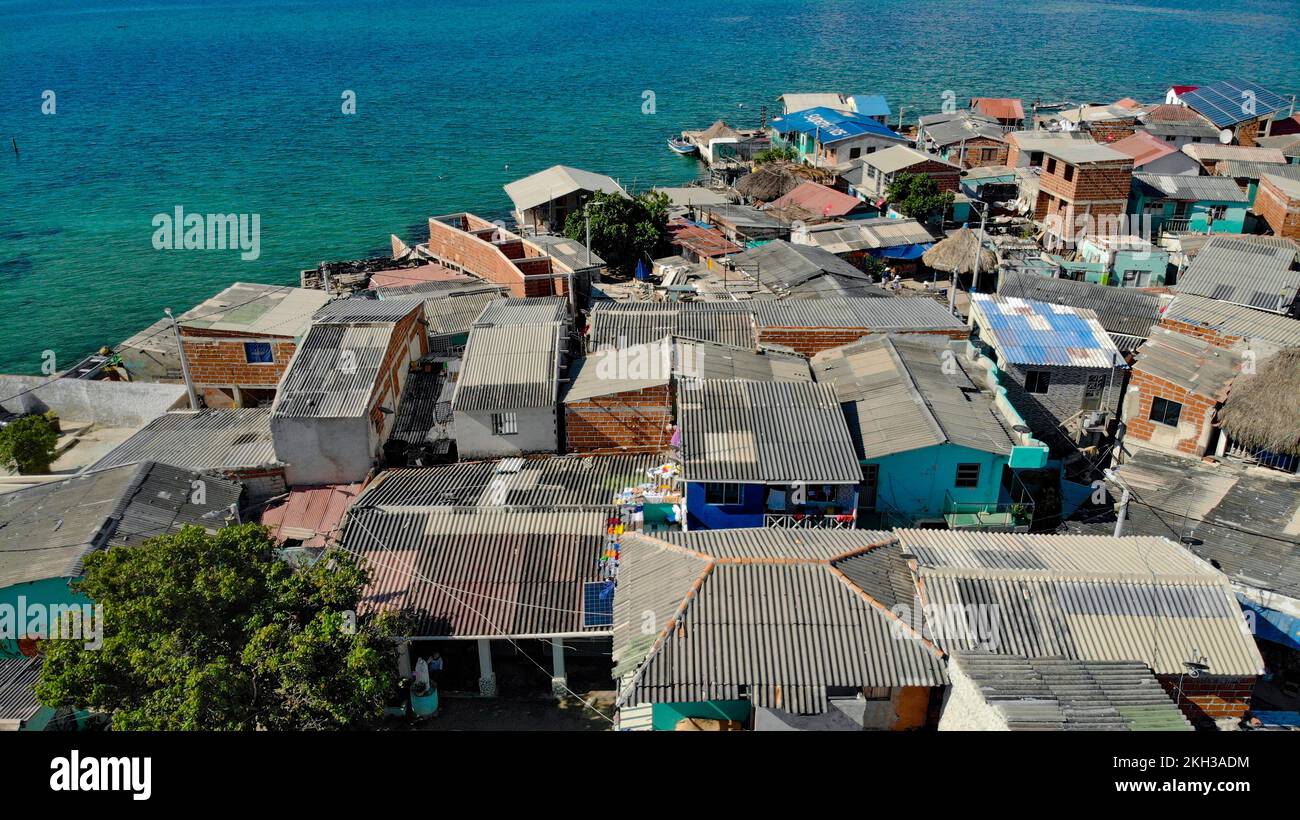 Aerial views of Santa Cruz del Islote. This artificial hand-made island ...
