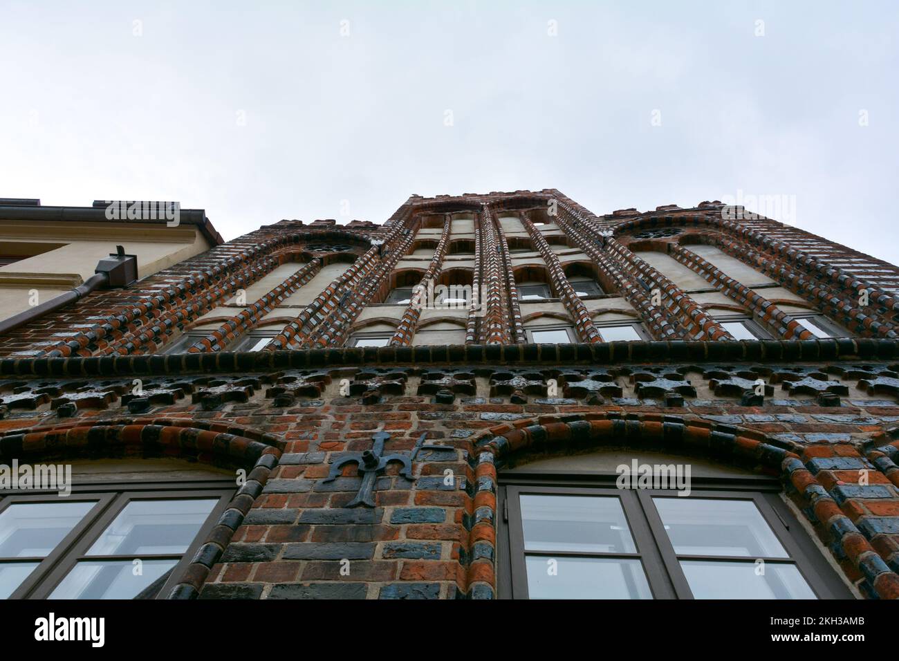 Crooked old house facade in the historic Hanseatic city of Wismar, on ...