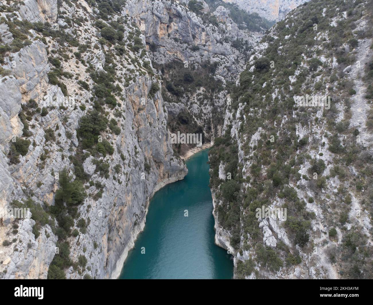 Aerial view of Verdon blue water river Gorge in Aiguines, at winter, in ...