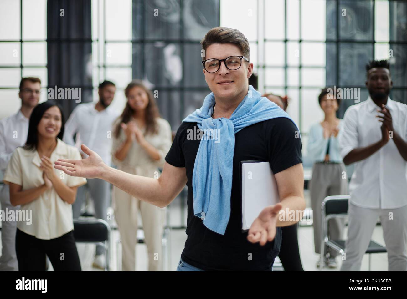 smiling young multiracial workers staff group pose together as human ...