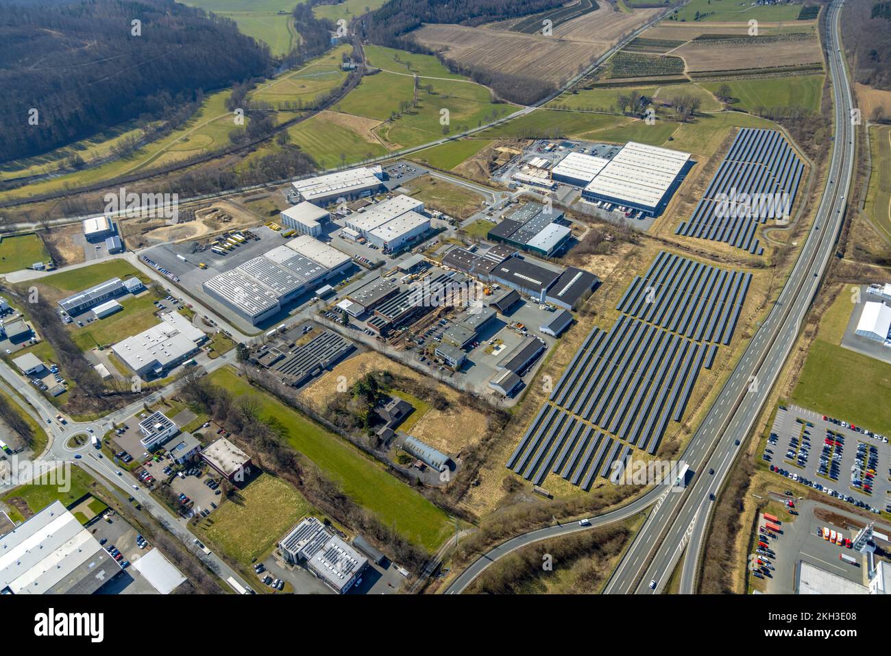 Aerial view, Enste-Süd industrial estate with Enste solar park on the ...