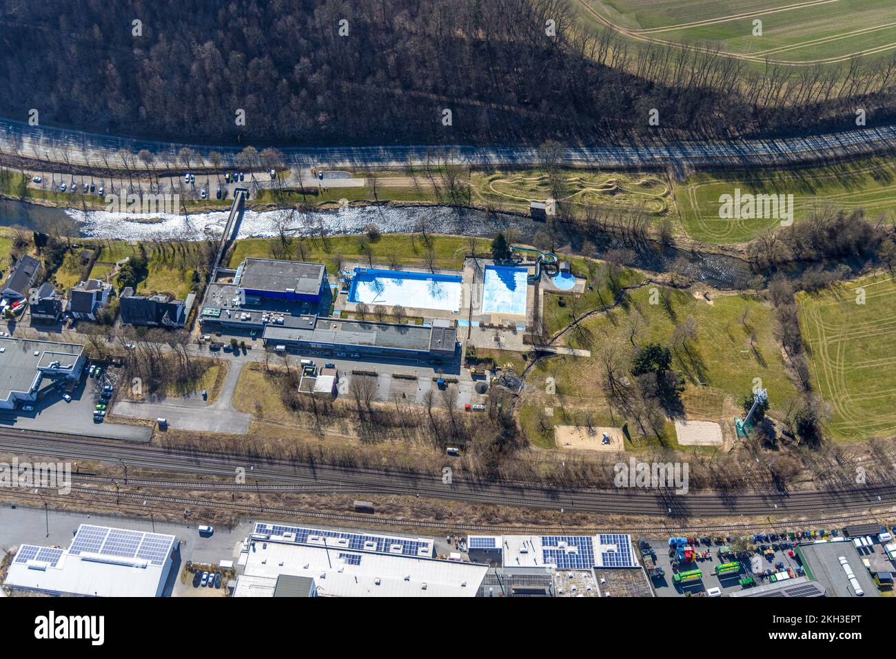 Aerial view, indoor and outdoor swimming pool Meschede and bike park on ...