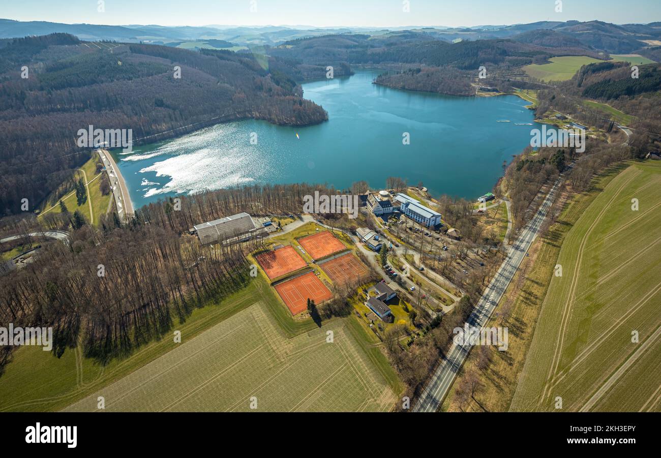 Aerial view, Hennetalsperre with dam, Welcome Hotel, tennis court ...