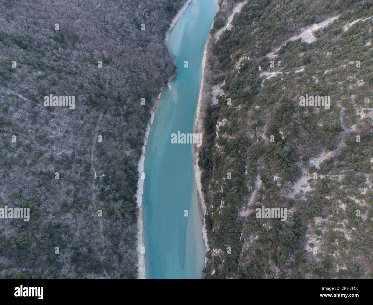 Aerial view of Verdon blue water river Gorge in Aiguines, at winter, in ...