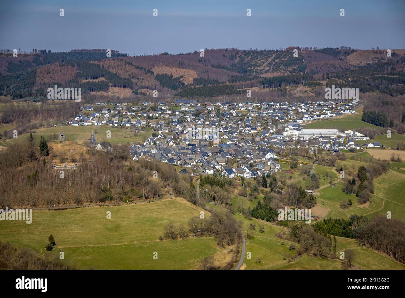 Village view eversberg and forest area with forest damage hi-res stock ...