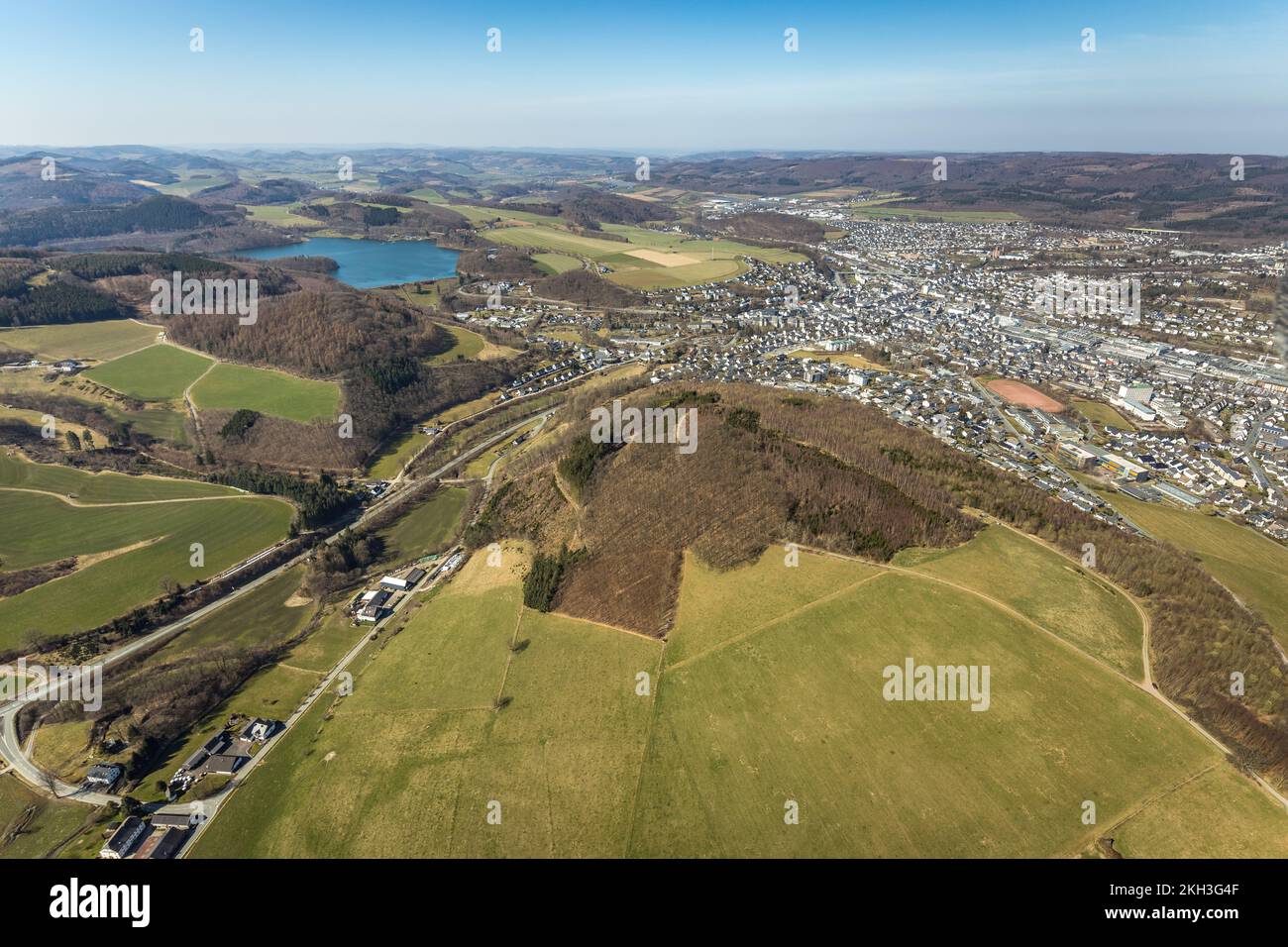 Aerial view, town view Meschede-Süd and Hennetalsperre, Meschede town ...
