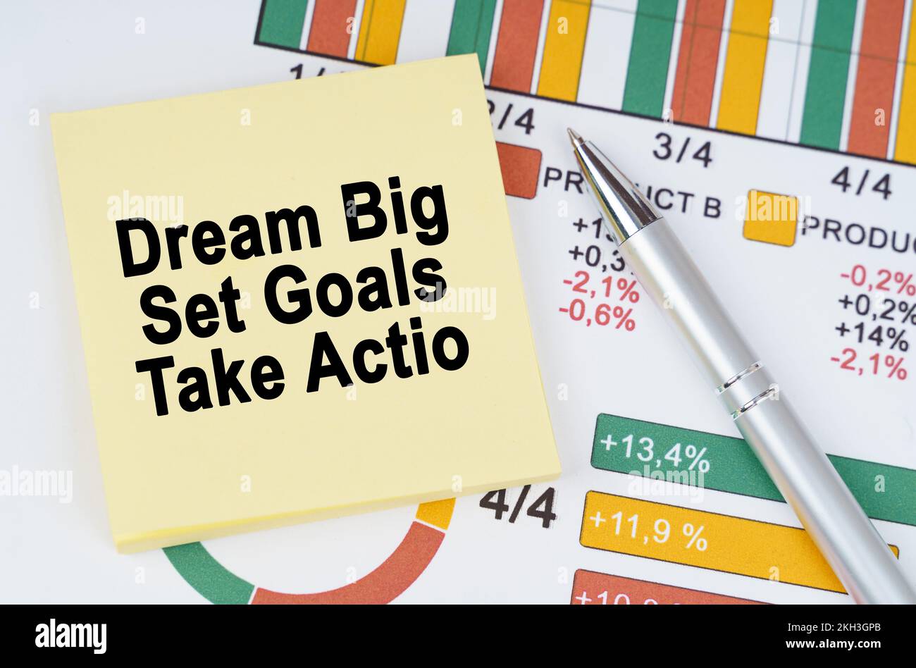 Business concept. On the business charts are a pen and stickers with ...