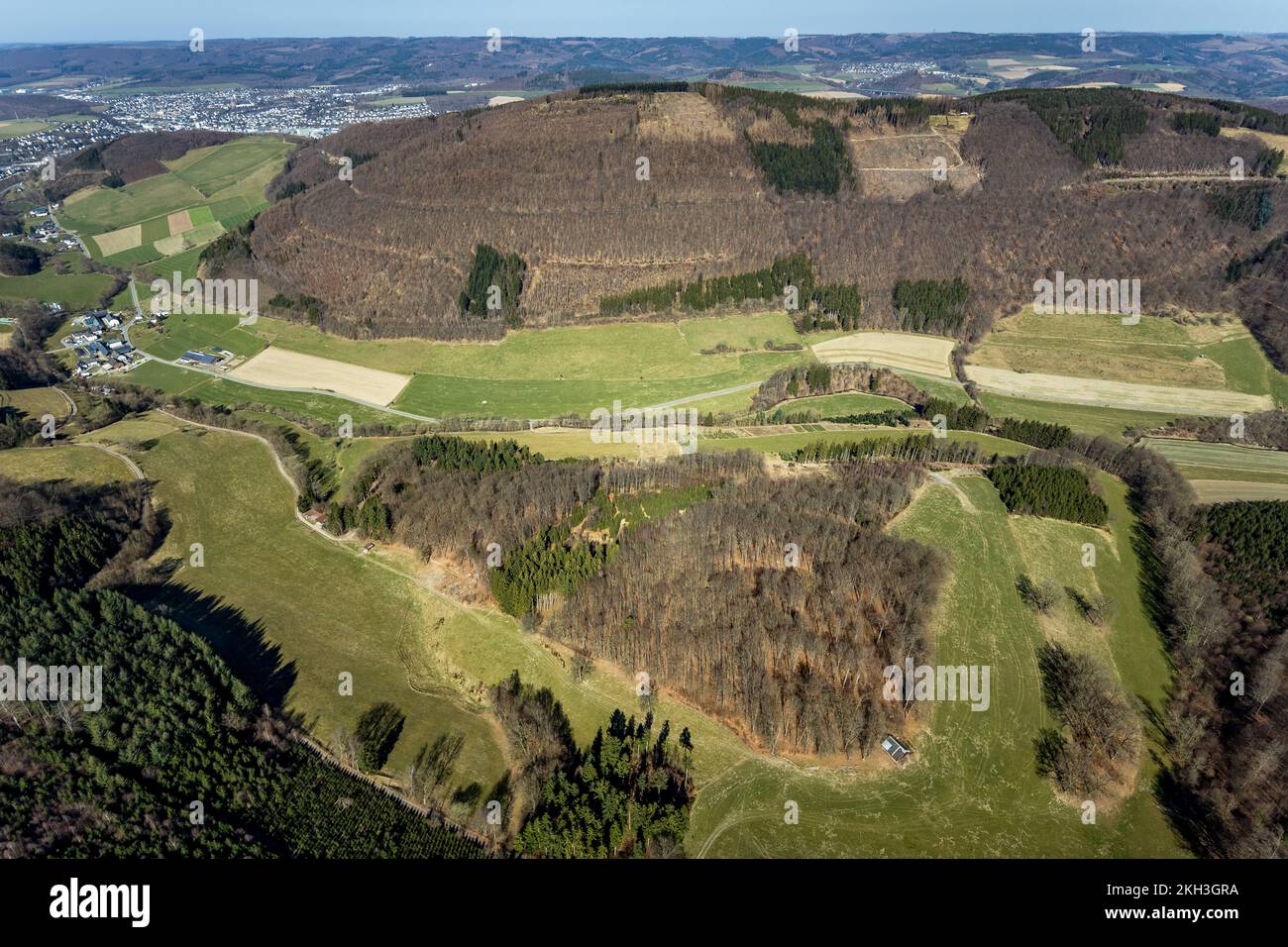 Aerial view, Vogelsang mountain with high altitude hiking trail, Heggen ...