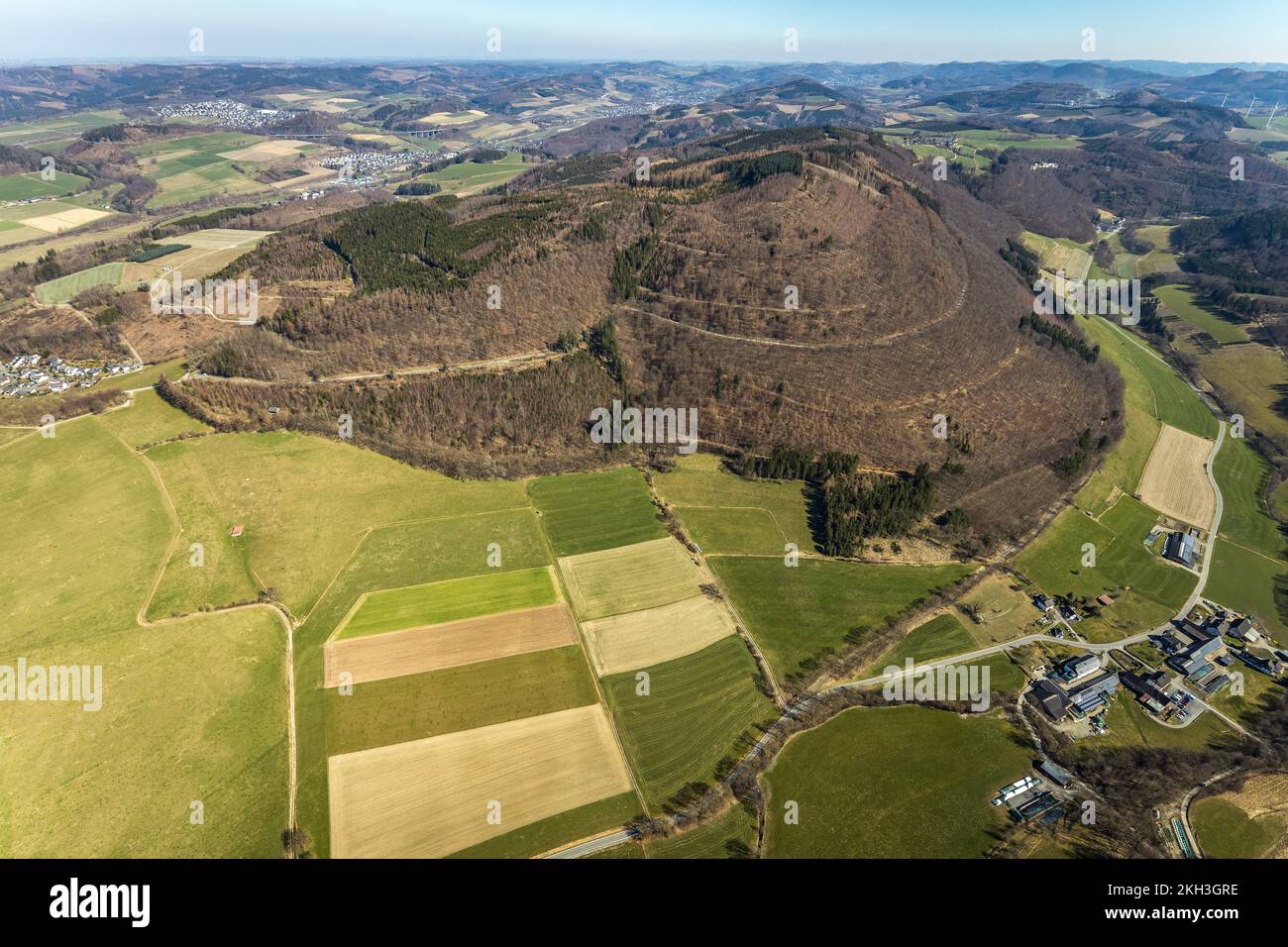 Aerial view, Vogelsang mountain with high altitude hiking trail, Heggen ...