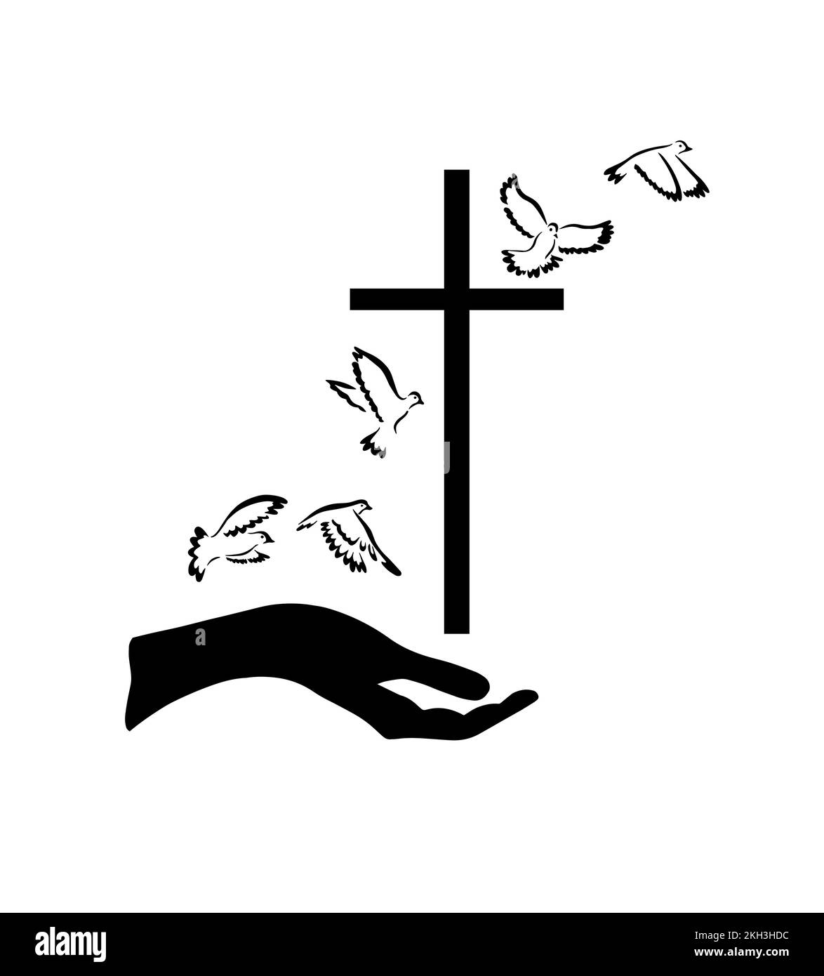 religious cross in hand. Flying birds of the world. Vector illustration ...
