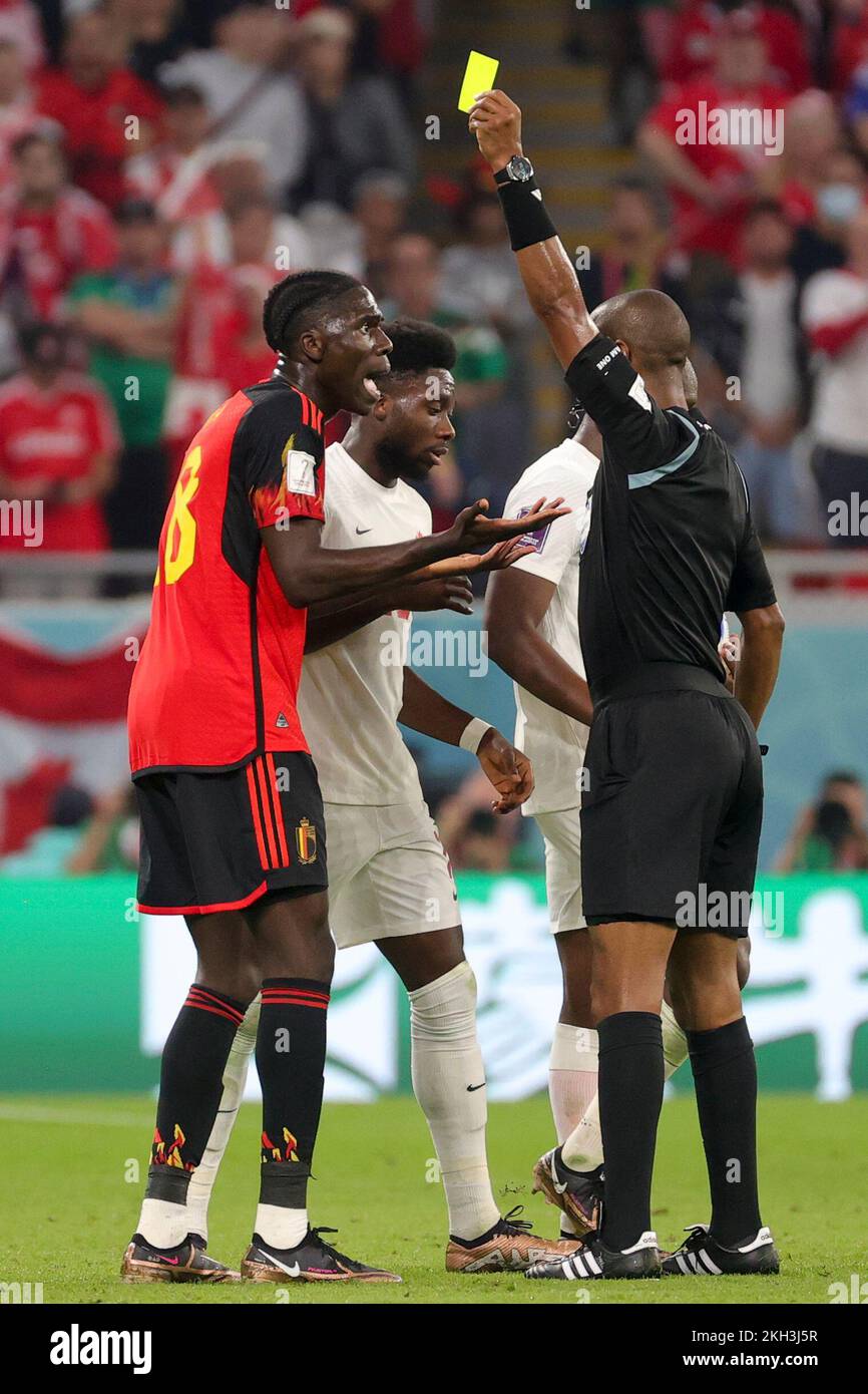 Al Rayyan, Qatar. 23rd Nov, 2022. referee Janny Sikazwe gives a yellow ...