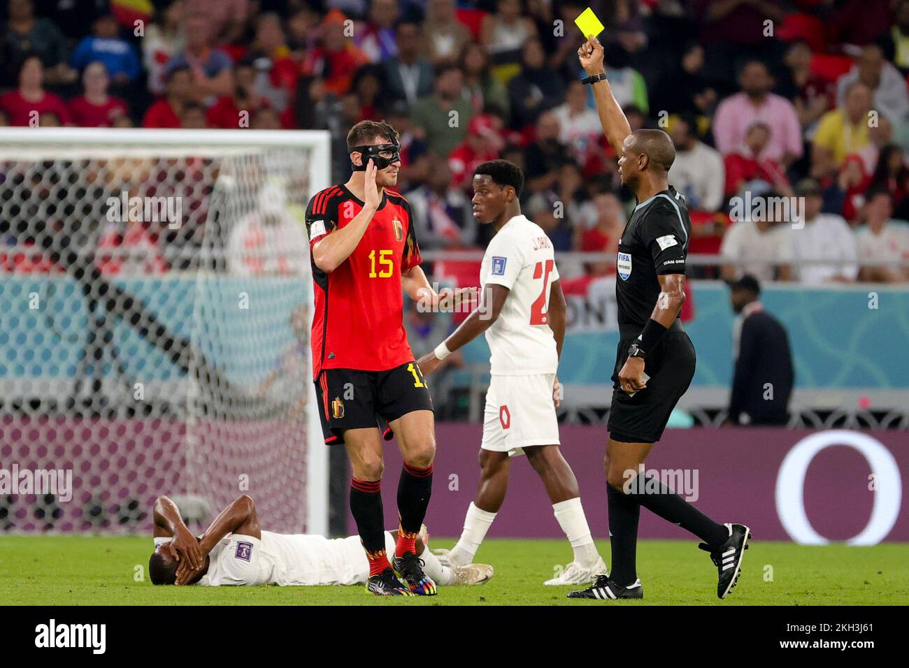 Al Rayyan, Qatar. 23rd Nov, 2022. Referee Janny Sikazwe gives a yellow ...
