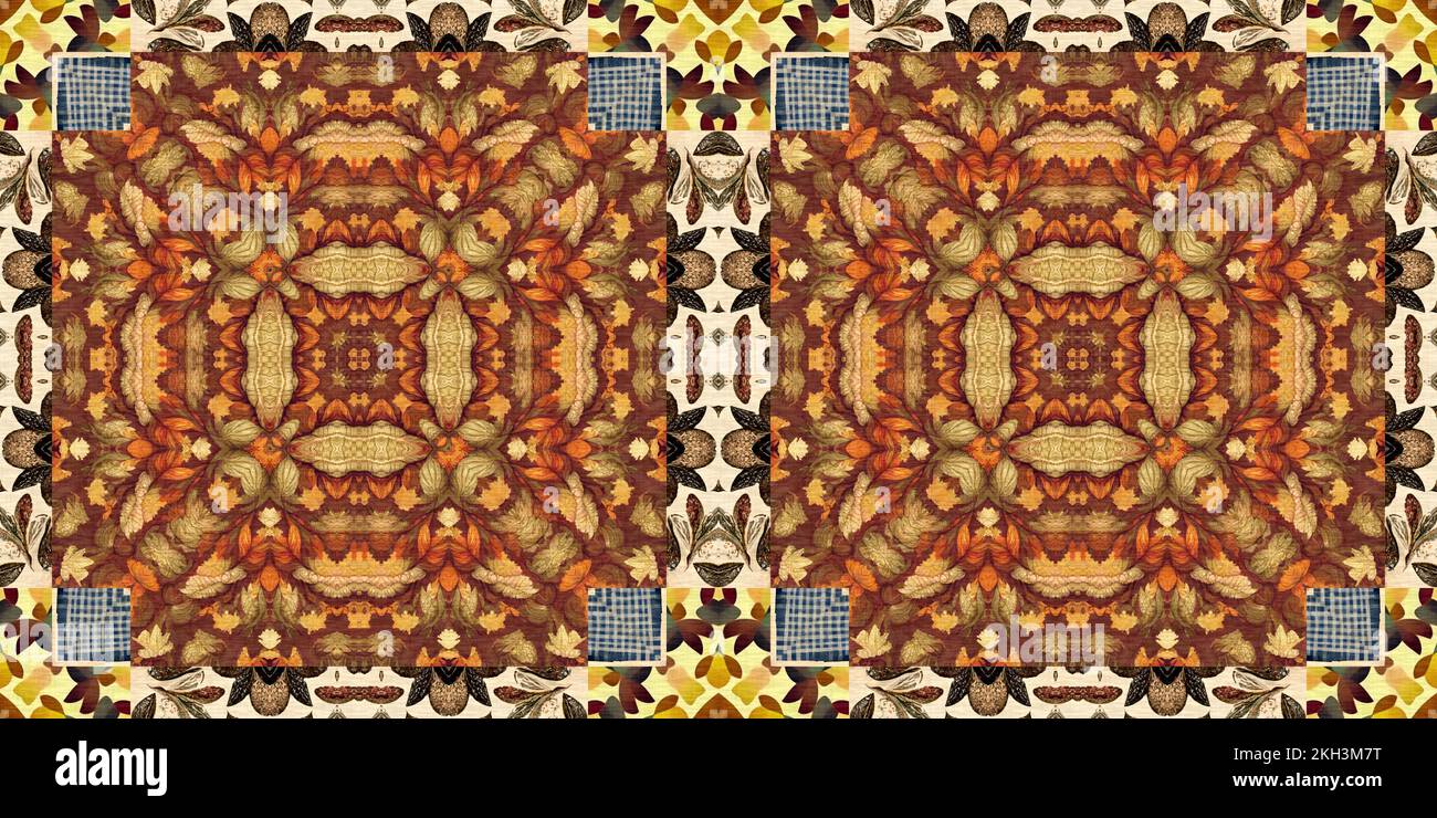 Autumn leaves woodland seamless border. Brown retro kaleidoscopic ...