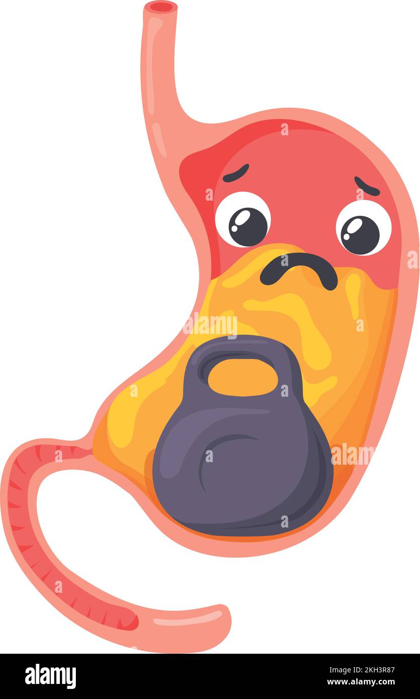 Full stomach heaviness filling. Cartoon sad character isolated on white ...