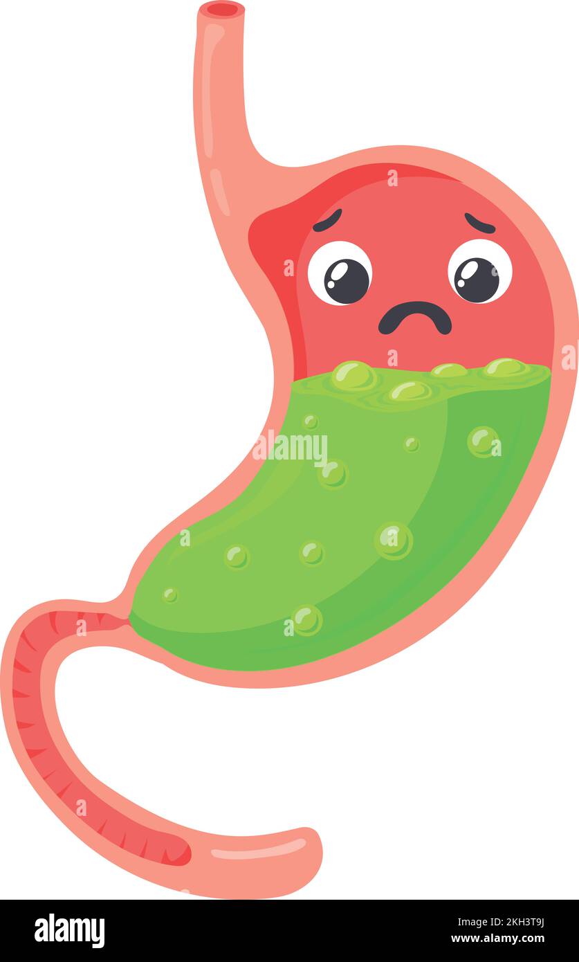 Heartburn icon. Sad cartoon stomach with green acid isolated on white ...