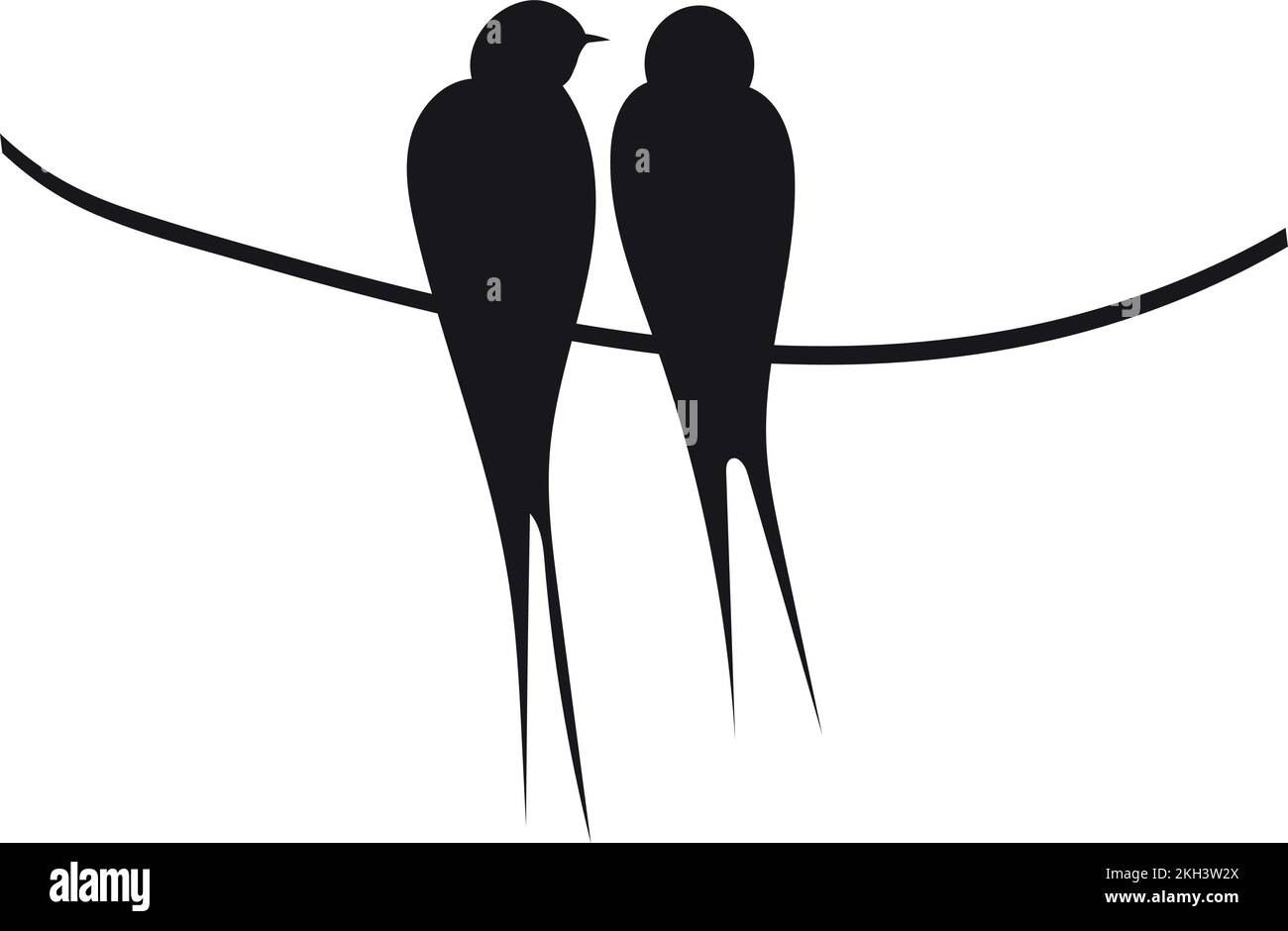 Pair of black swallow on wire. Sitting birds silhouette isolated on ...
