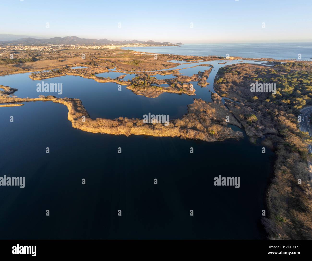 Aerial view of Ponds of Villepey at winter, protected aera. In Esterel ...