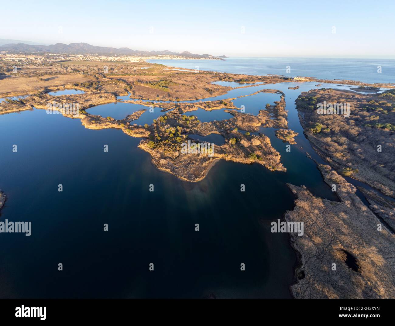 Aerial view of Ponds of Villepey at winter, protected aera. In Esterel ...