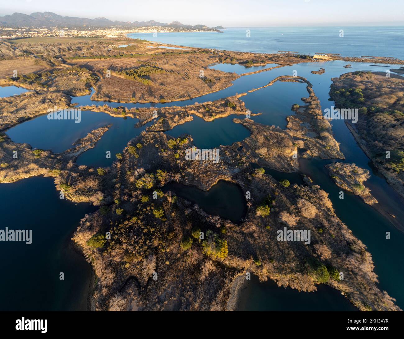 Aerial view of Ponds of Villepey at winter, protected aera. In Esterel ...