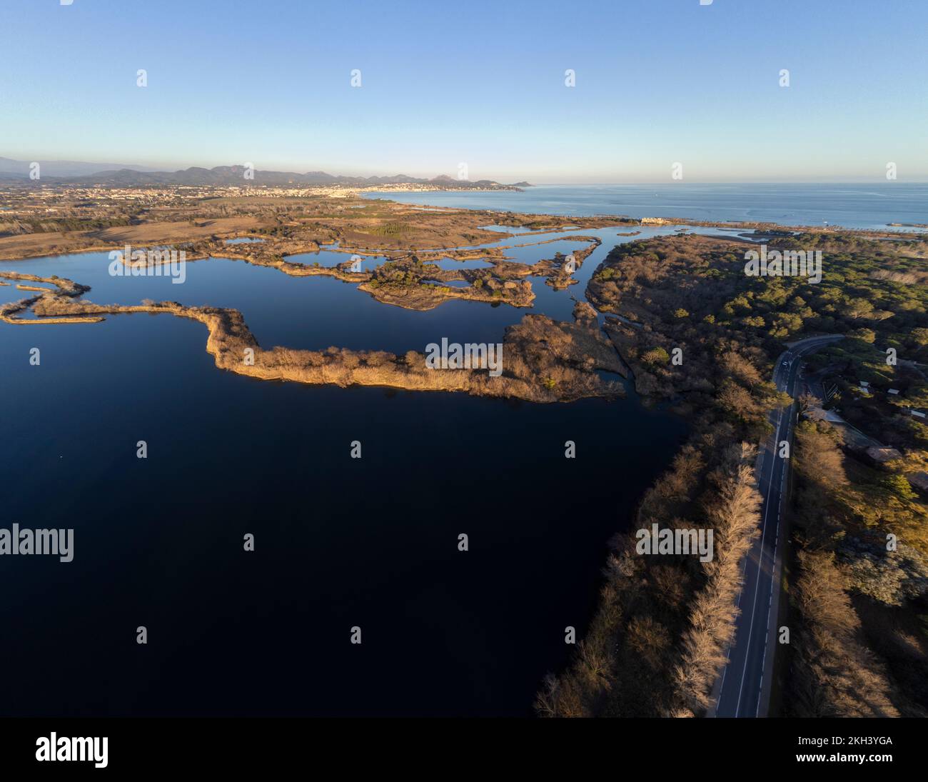 Aerial view of Ponds of Villepey at winter, protected aera. In Esterel ...