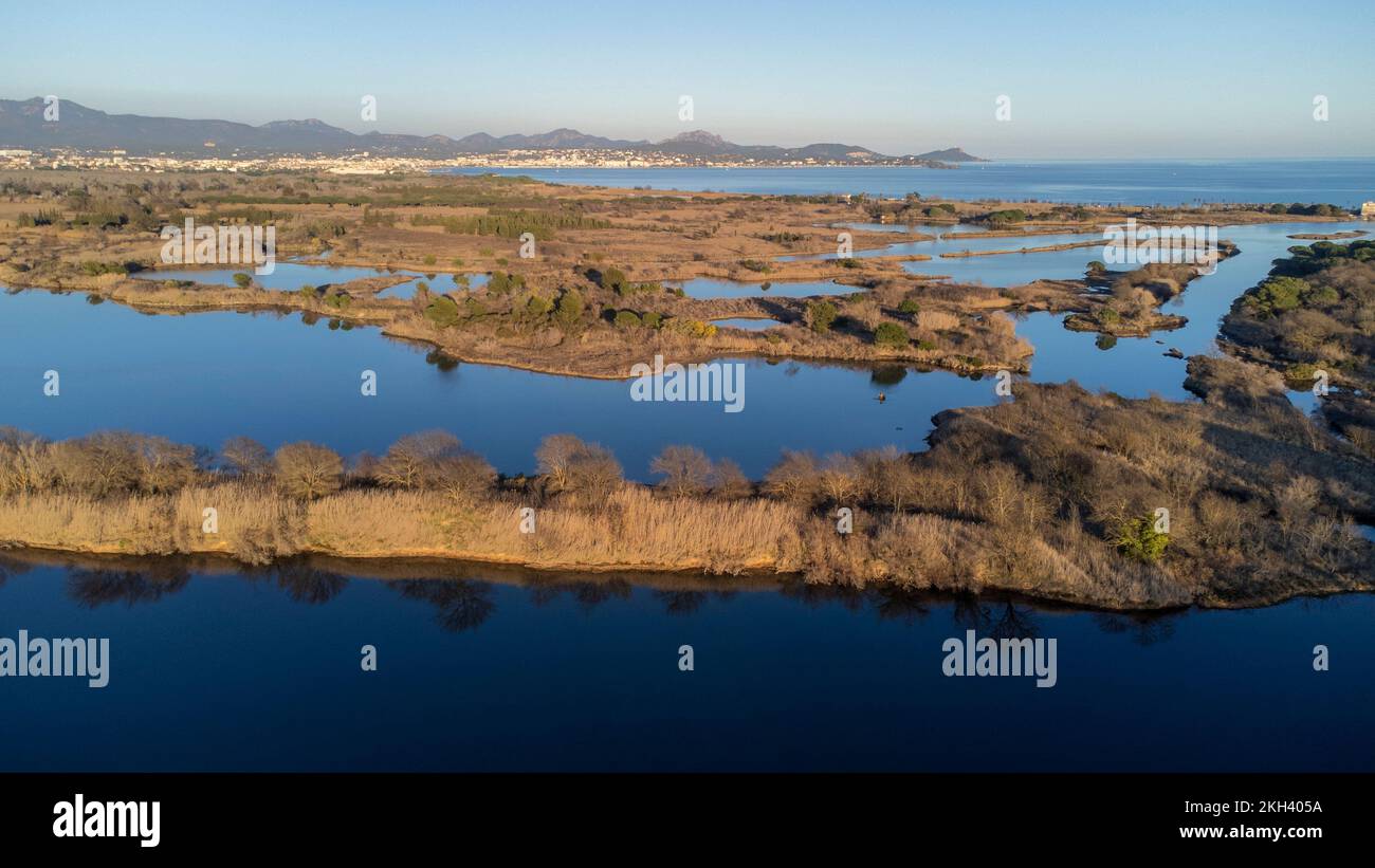 Aerial view of Ponds of Villepey at winter, protected aera. In Esterel ...